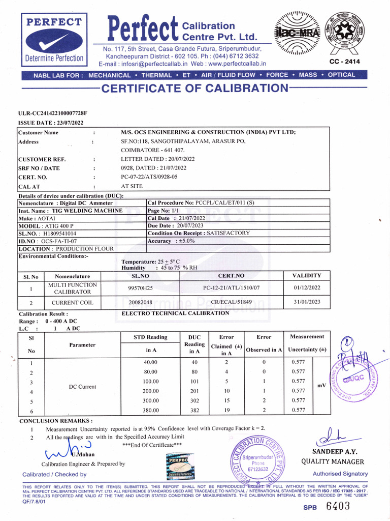 Welding Machine - Calibration Certificate | PDF
