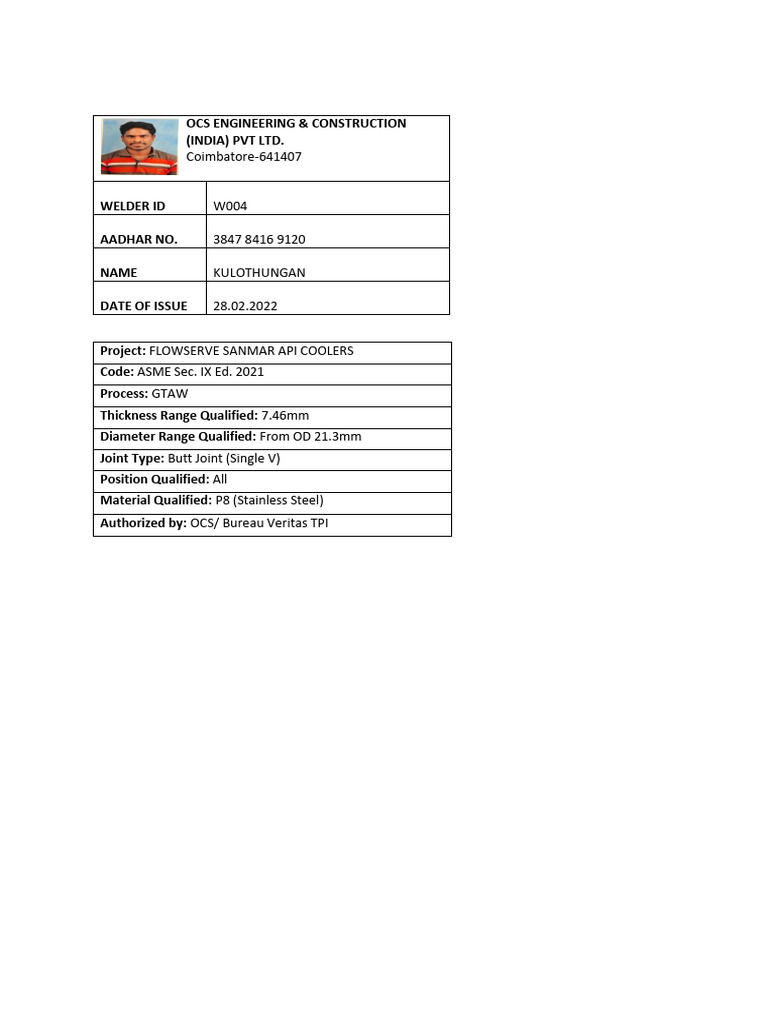 W004 - Welder Card | PDF