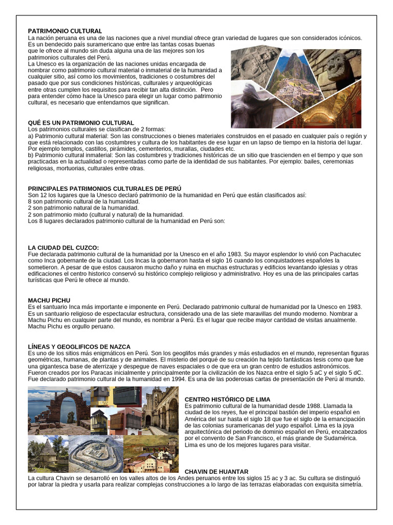 Patrimonio Cultural del Perú: Un Tesoro Mundial | PDF | Perú ...