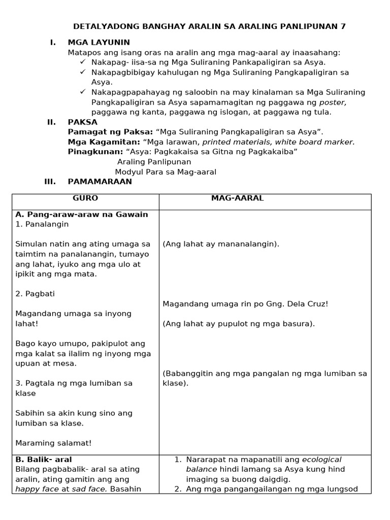 Banghay Aralin Tungkol Sa Mga Suliraning Pangkapaligiran Sa Asya | PDF