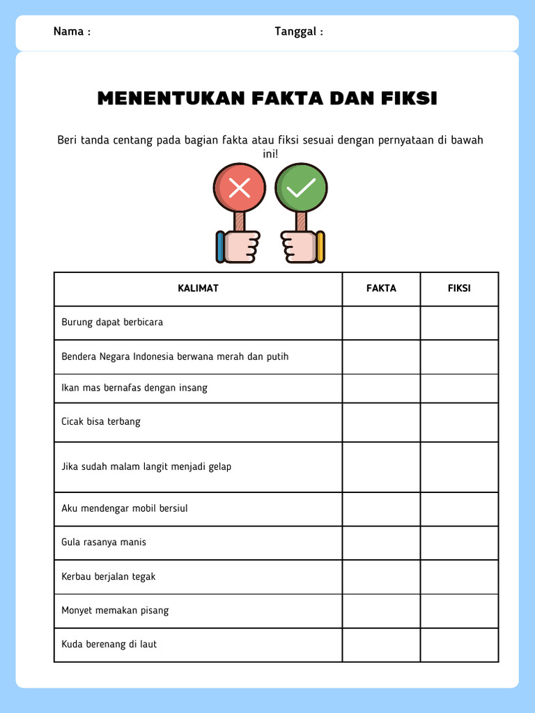 Lembar Kerja Membandingkan Fakta Dan Opini Biru Ilustrasi Sederhana ...