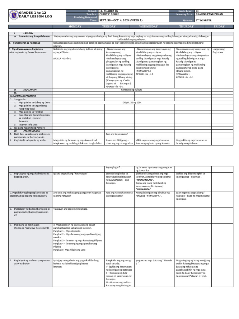 DLL Araling Panlipunan 3 q2 w1 | PDF