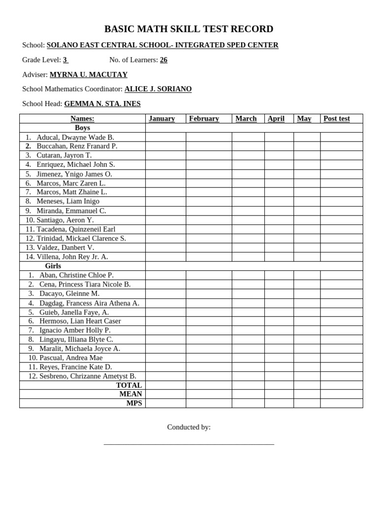 Basic Math Skill Test Record | PDF