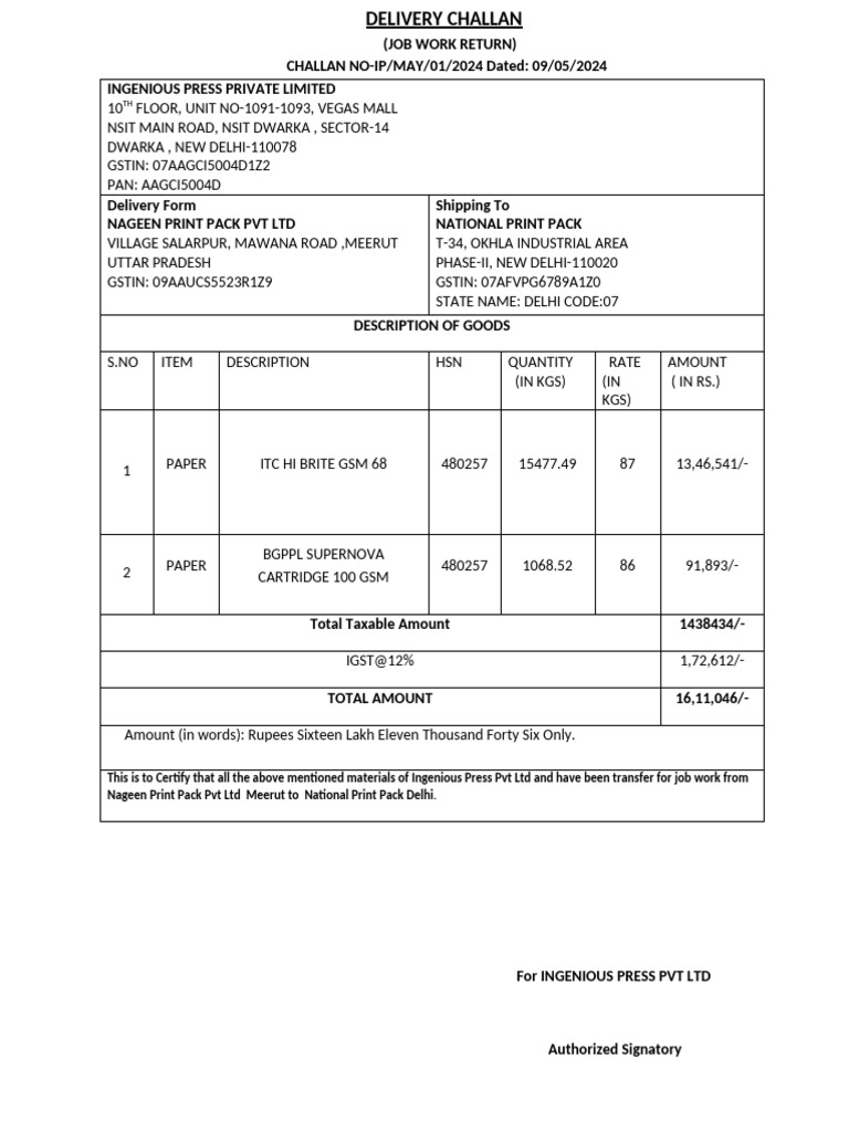 Challan Format Job Work Return Pdf