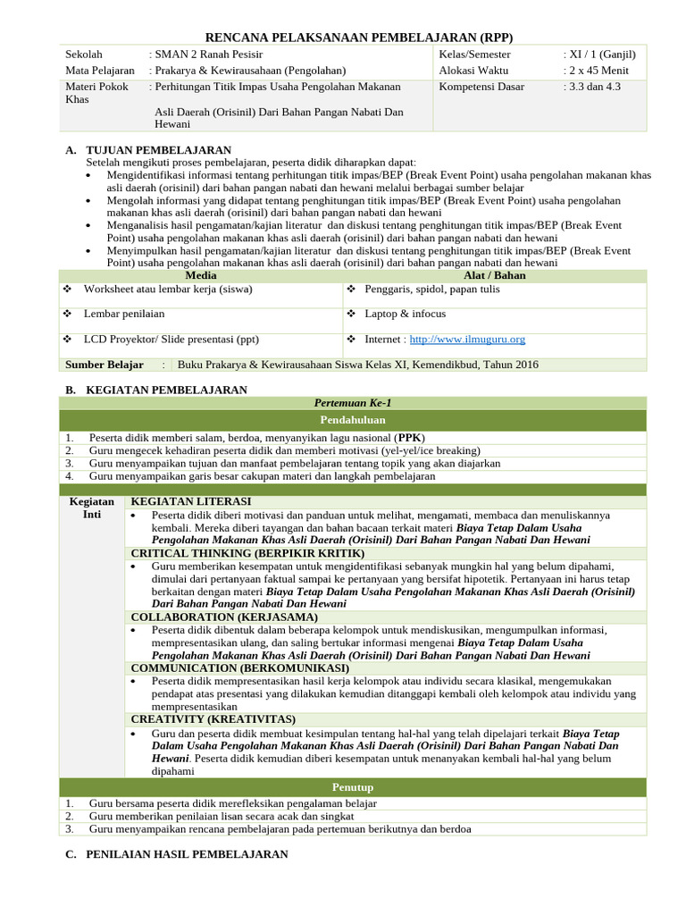 RPP 3 PKWU (Pengolahan) XI | PDF