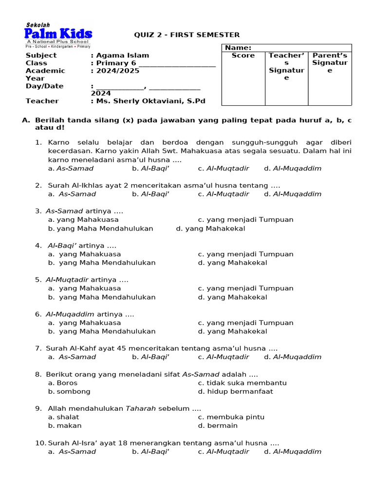 QUIZ TEMA 2 ISLAM P6 Asmaul Husna | PDF