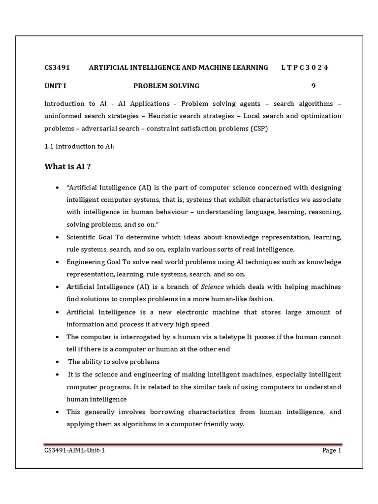 CS3491 Unit 1 Notes | PDF | Artificial Intelligence | Intelligence (AI ...