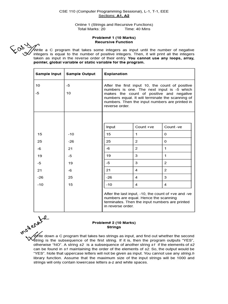 CSE110 Online 1 (A1+A2) | PDF | String (Computer Science) | Pointer (Computer Programming)