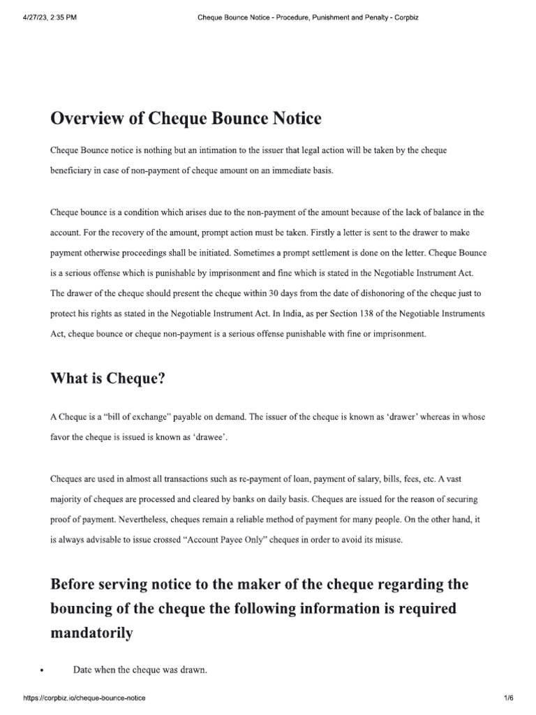 Cheque Bounce Notice - Procedure, Punishment and Penalty - Corpbiz11 | PDF