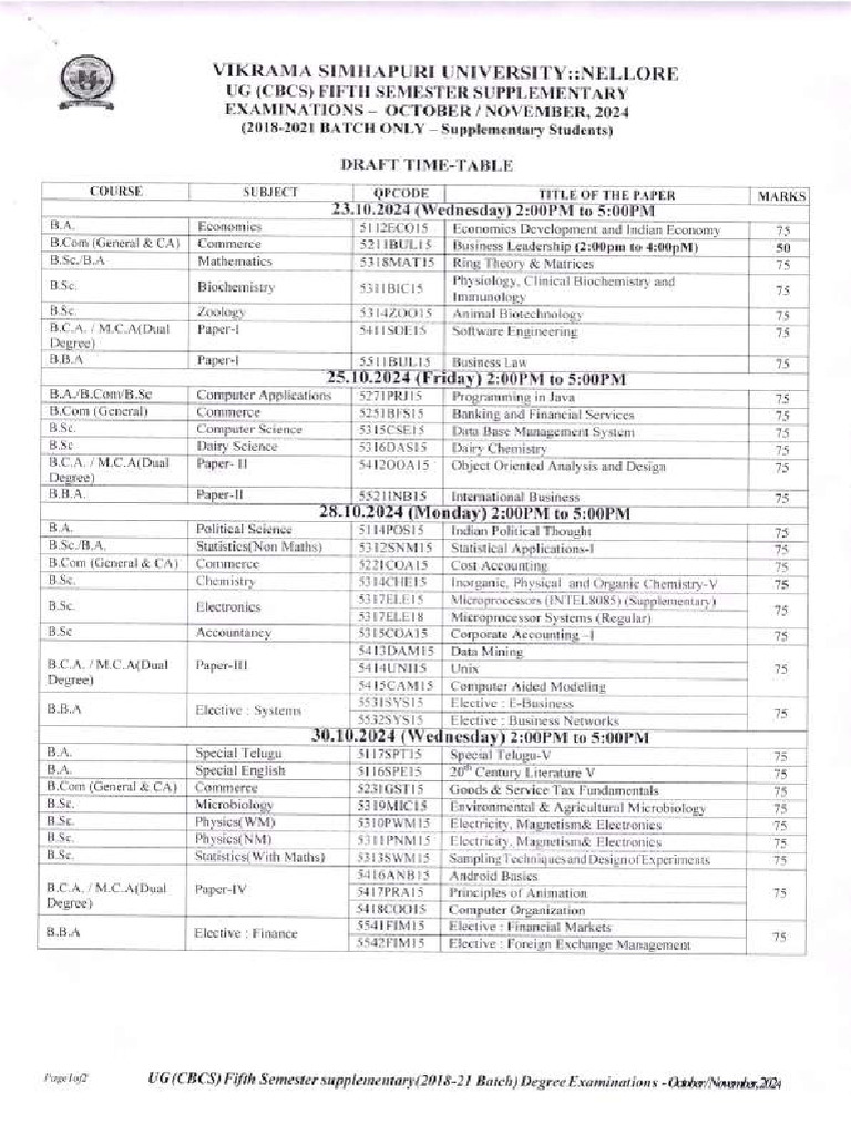 VSU UG Supplementary Exam Schedule 2024 | PDF
