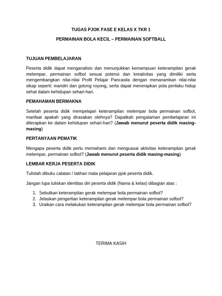 Tugas Pjok Fase e Kelas X TKR 1 | PDF