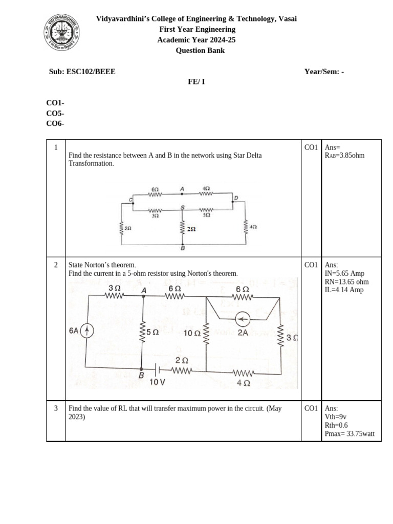 First Year Engineering BEEE Question Bank 2024-25 | PDF | Bipolar Junction Transistor ...