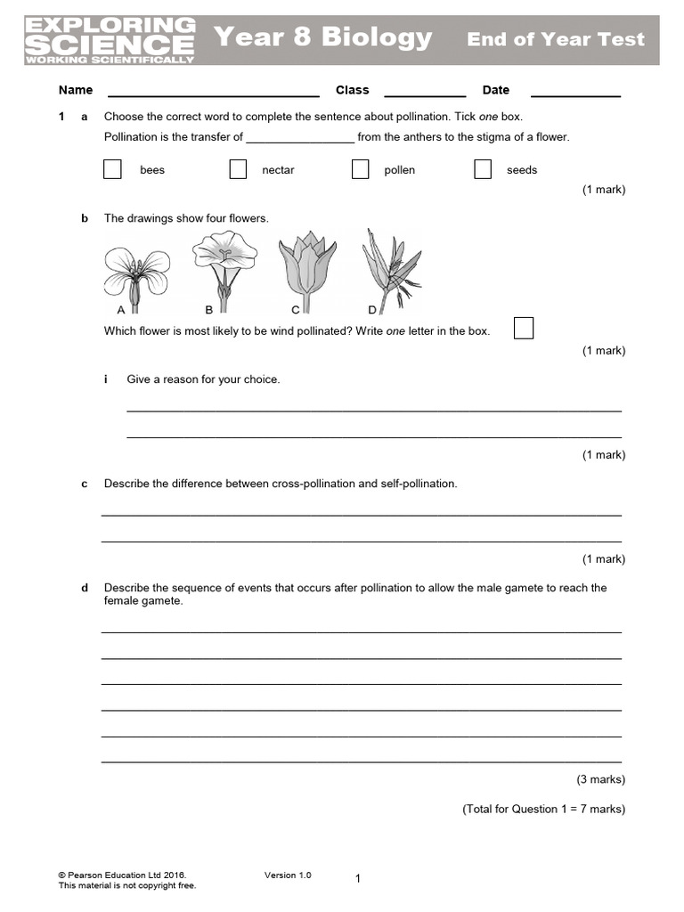 End of Year - Test - Biology - Pearson | PDF | Pollination | Flowers