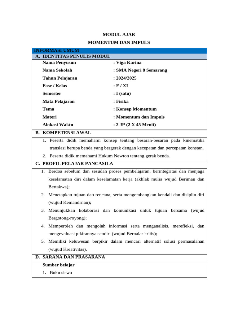 Modul Ajar Momentum dan Impuls Kelas 11 | PDF