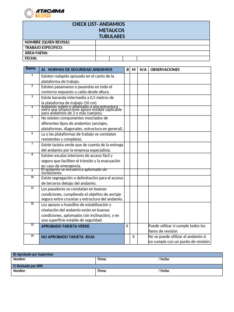 Gecon Check List - Andamios Metalicos Tubulares-Vers00 | PDF | Andamio