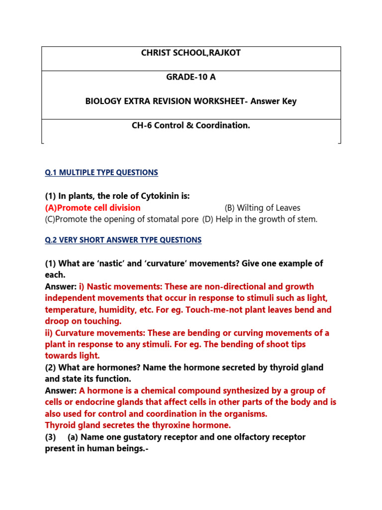 std 10 ch-6 worksheet_Answer key | PDF | Hormone | Brain