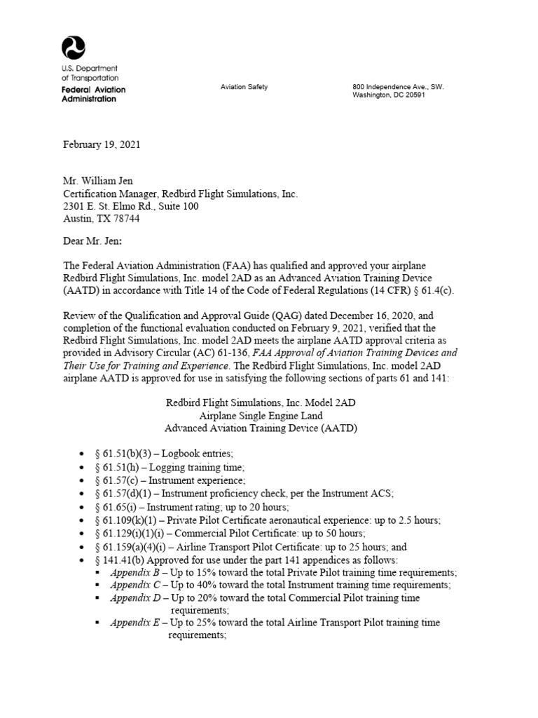 FAA Approval for Redbird AATD Model 2AD | PDF | Flight Instructor ...