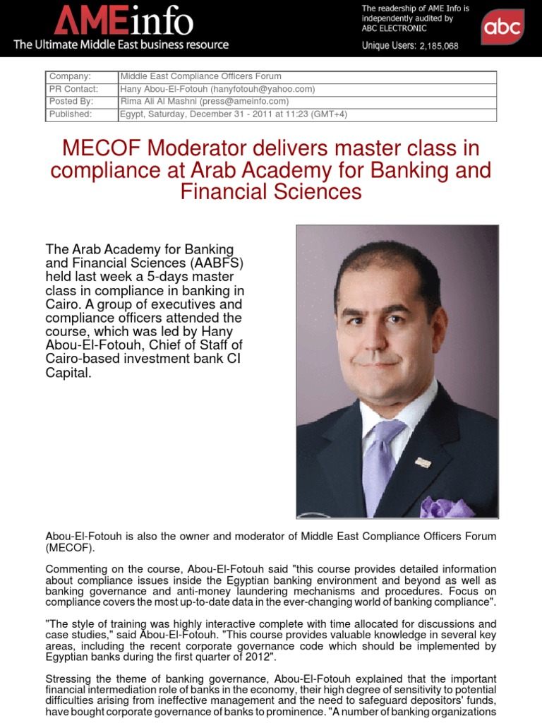 Hany Abou El Fotouh - Press Quote | PDF | Regulatory Compliance ...