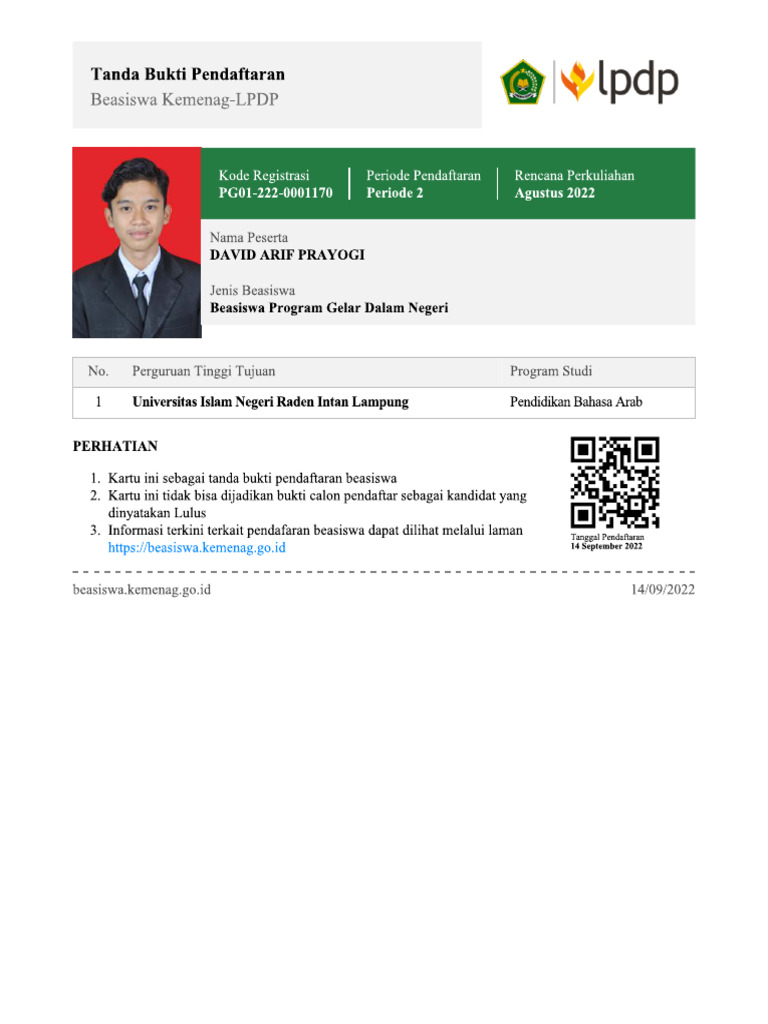 Kemenag - LPDP - Tanda - Bukti - Pendaftaraan - DAVID ARIF PRAYOGI | PDF