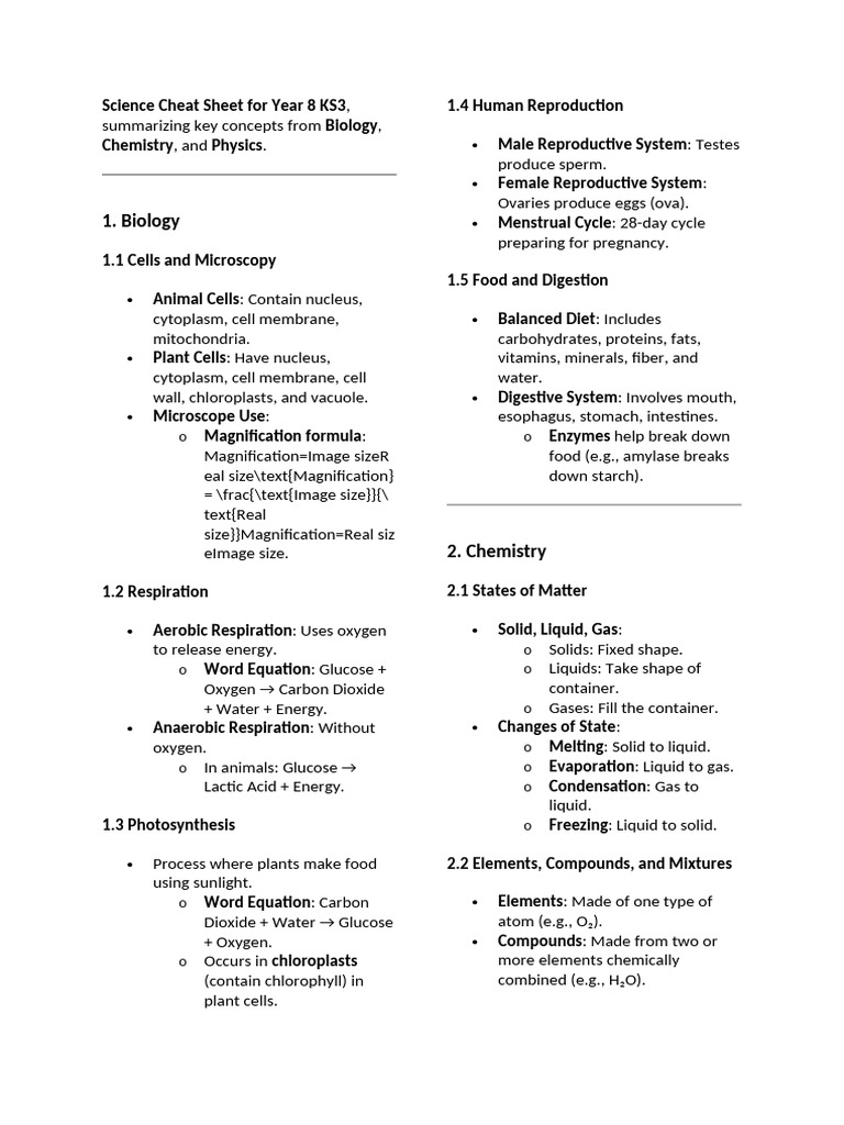 Science Cheat Sheet For Year 8 KS3 | PDF | Cellular Respiration | Digestion