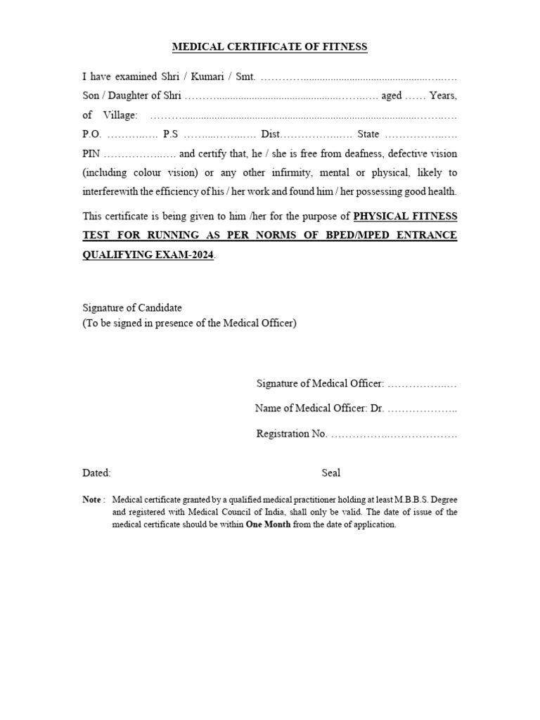 Medical Fitness Certificate for BPED Exam | PDF