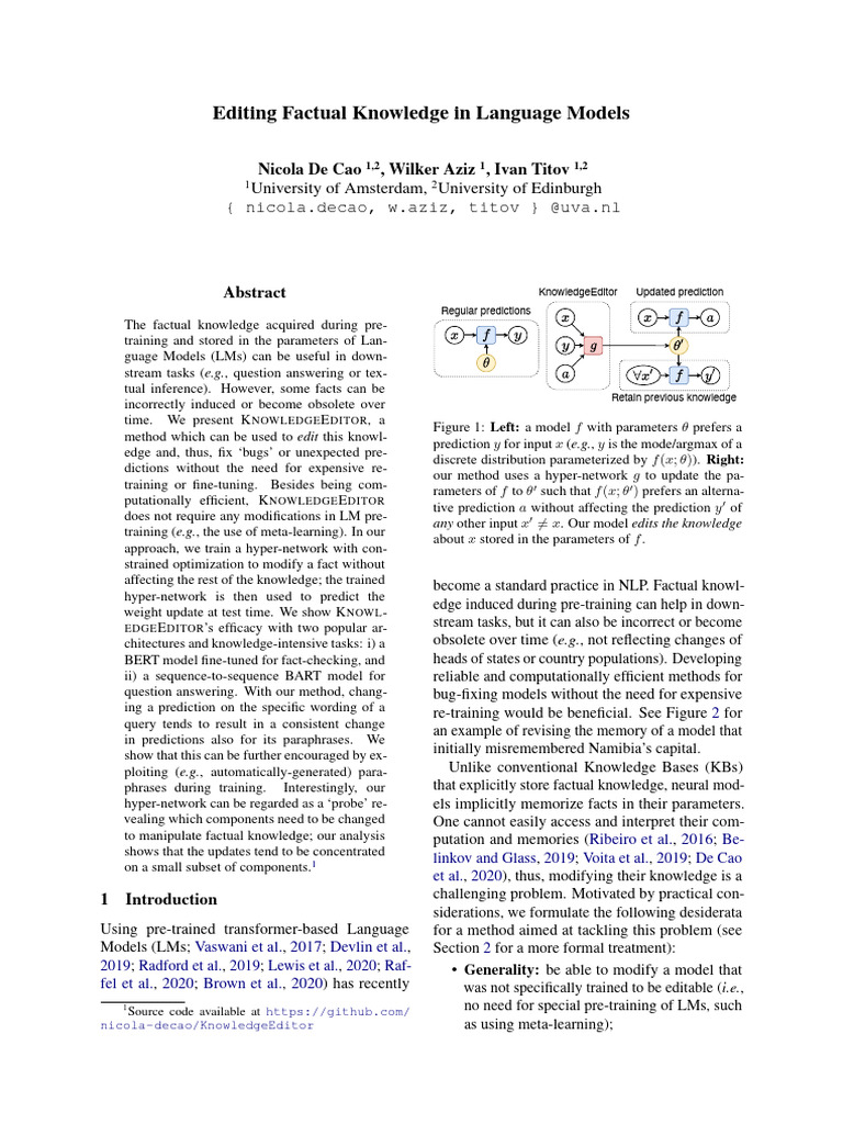 Editing Factual Knowledge in Language Models: Nicola de Cao, Wilker Aziz, Ivan Titov | PDF ...
