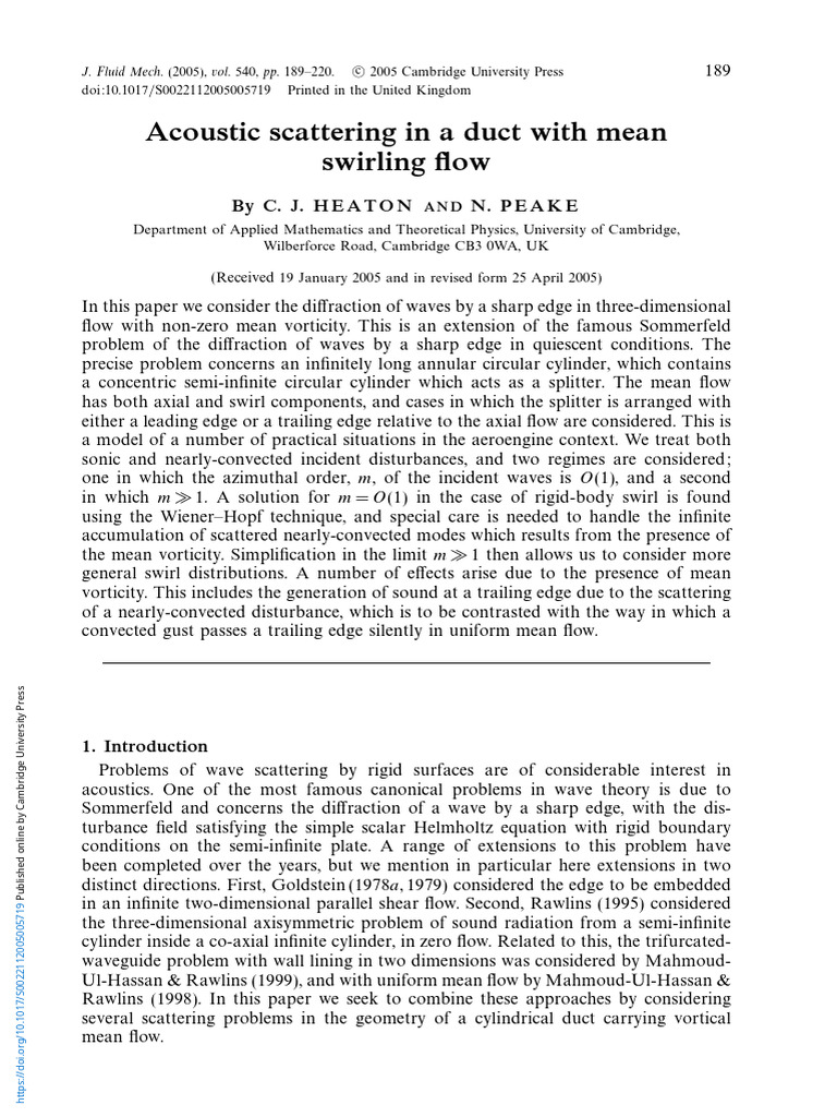 Acoustic Scattering in A Duct With Mean Swirling Flow | PDF | Normal Mode | Eigenvalues And ...