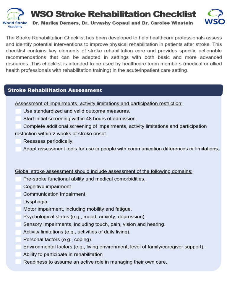 WSO Stroke Rehabilitation Checklist | PDF | Stroke | Physical Therapy