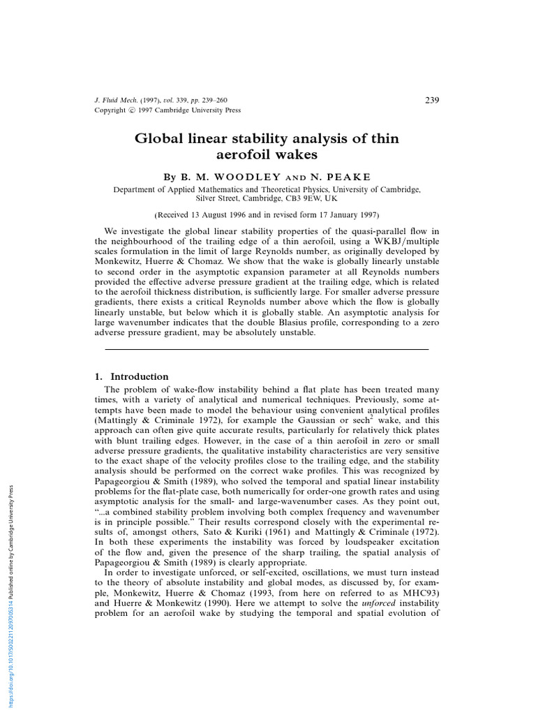 Global Linear Stability Analysis of Thin Aerofoil Wakes | PDF | Fluid Dynamics | Mechanics