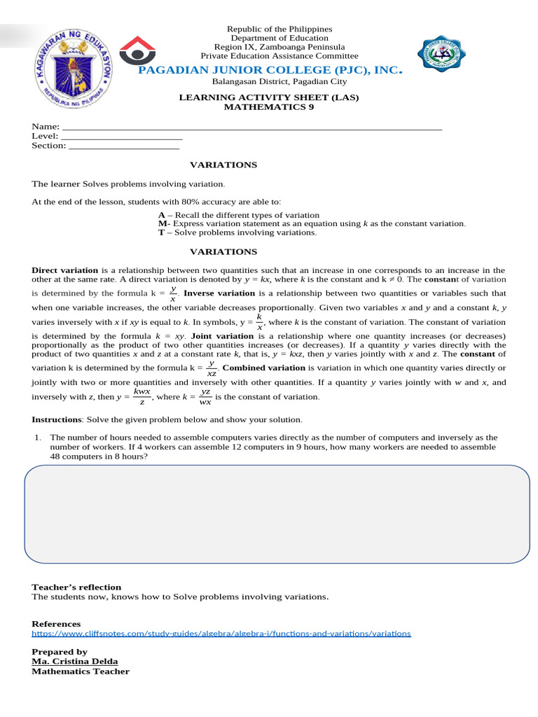 Learning Activity Sheet9 10 | PDF | Formula | Variable (Mathematics)