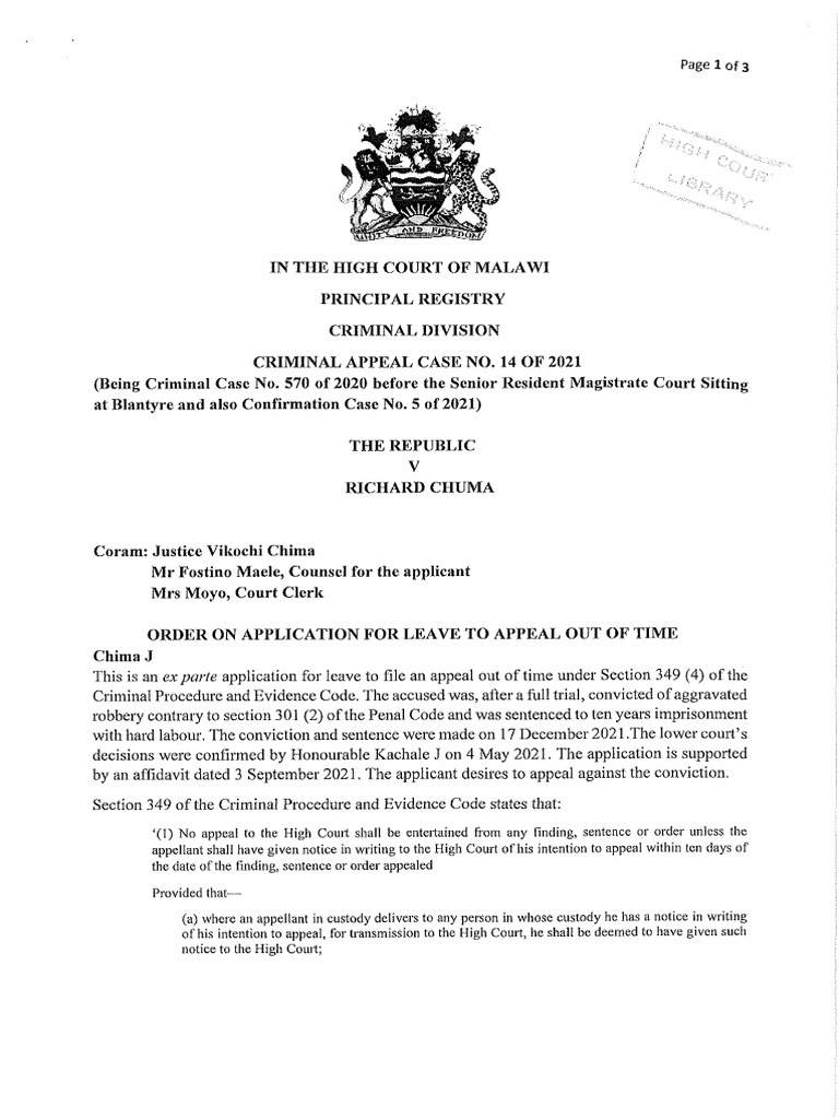 Republic V Richard Chuma (Criminal AppealConfirmation Case 14 of 2021 ...