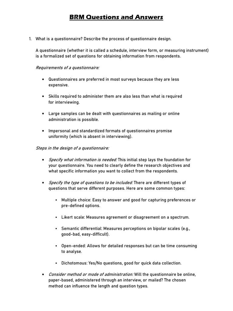 BRM Questions and Answers | PDF | Sampling (Statistics) | Level Of Measurement