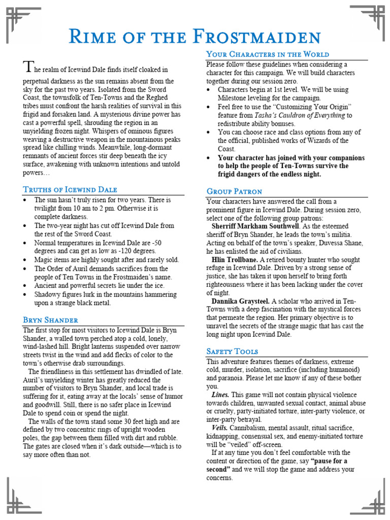 Icewind Dale Rime of The Frostmaiden - Campaign Overview | PDF