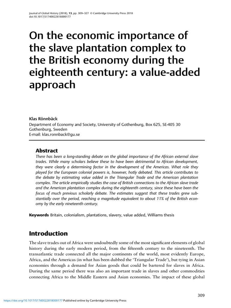 On The Economic Importance of The Slave Plantation Complex To The British Economy During The ...