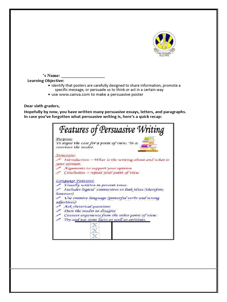 Eng Class 6 Week 7 (Grammar Persuasive Poster) | PDF