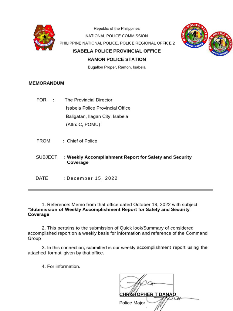 Weekly Accomplishment Report For Safety and Security Coverage | PDF