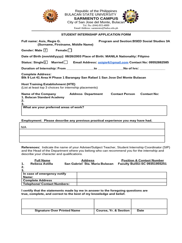 Internship Application Form 1 4 Pdf