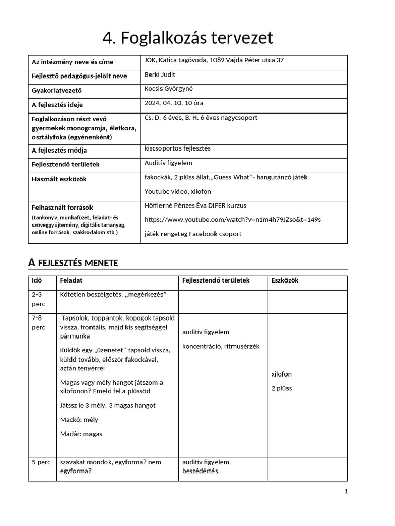Foglalkozási Terv 4. | PDF