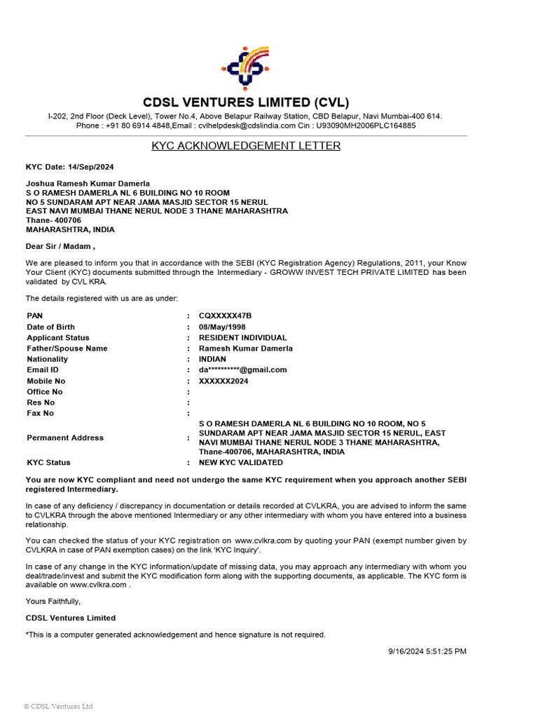 KYC Acknowledgement from CDSL Ventures | PDF