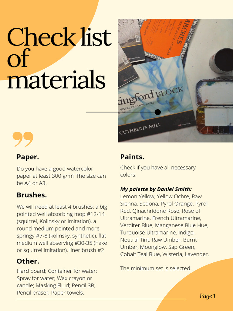 Check List of Materials | PDF | Vision | Artistic Techniques