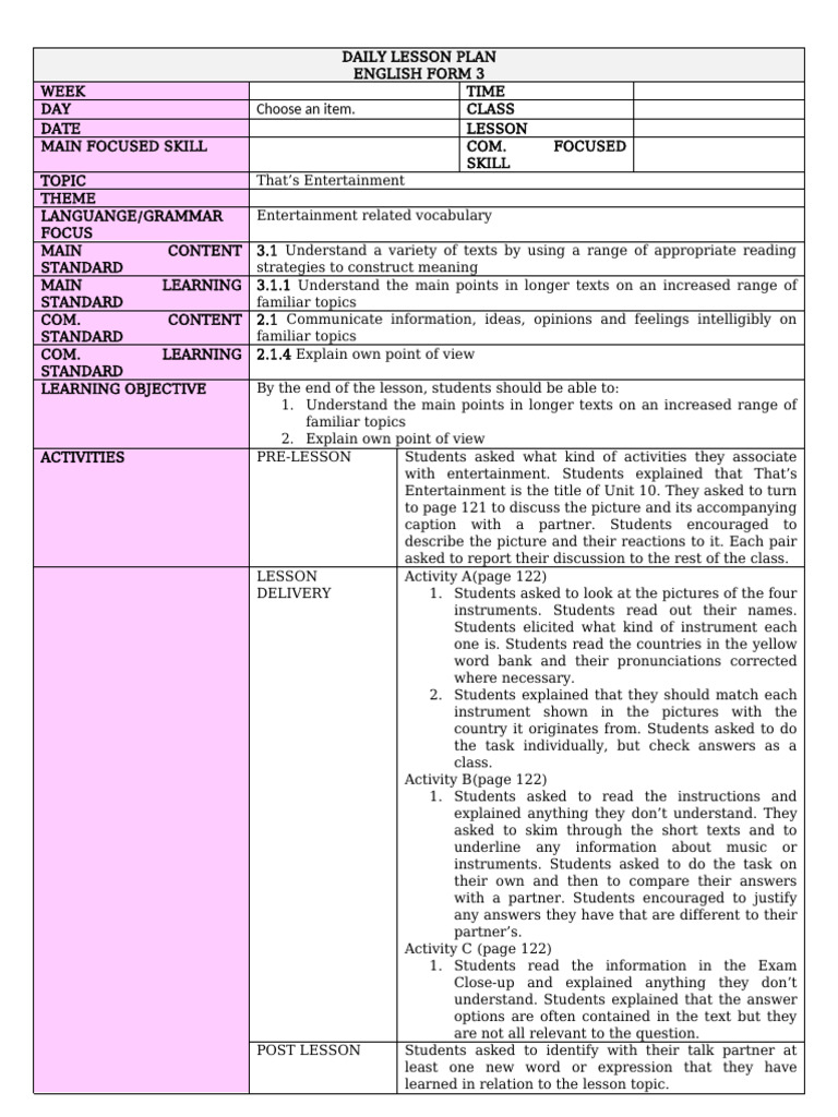 Form 3 English Lesson: Entertainment | PDF | Lesson Plan | Vocabulary
