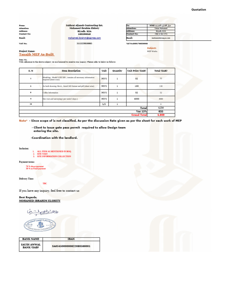 MEP Works Quotation for Tanajib Project | PDF