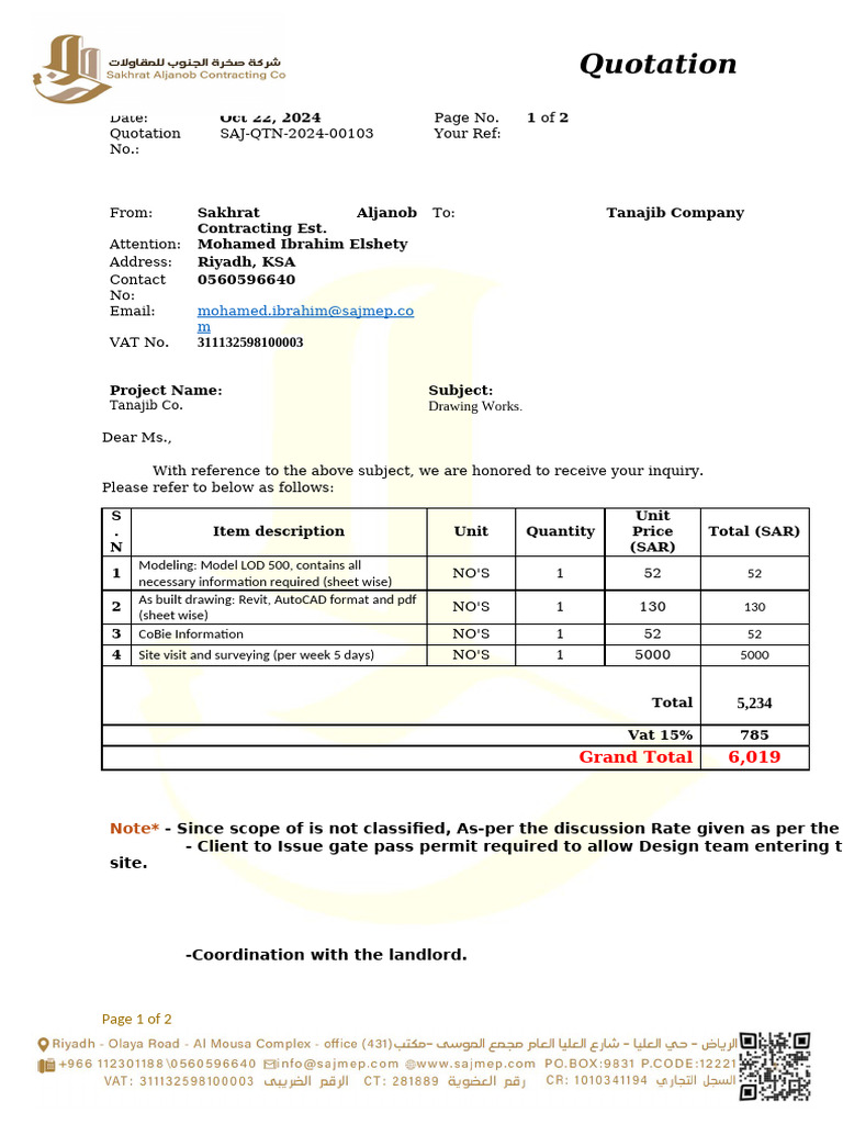 SAJ-QTN-2024-00103 Tanajib project | PDF