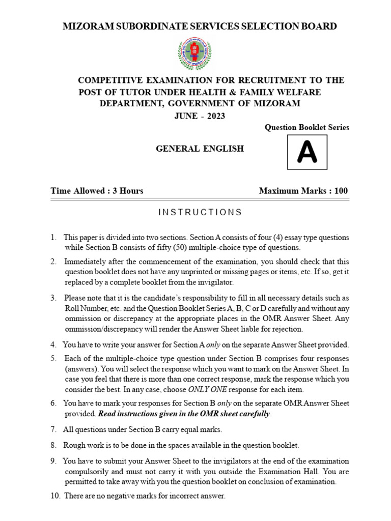 Mizoram Subordinate Services Selection Board | PDF | Adjective | Noun