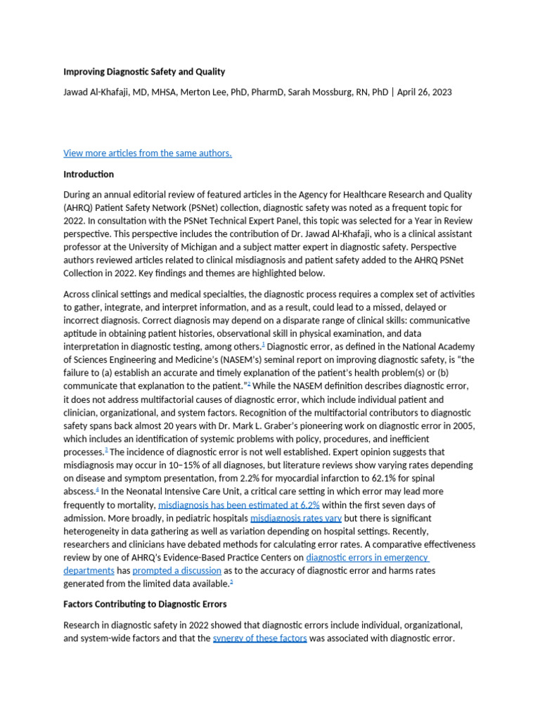 Enhancing Diagnostic Safety and Quality | PDF | Medical Error | Medical ...