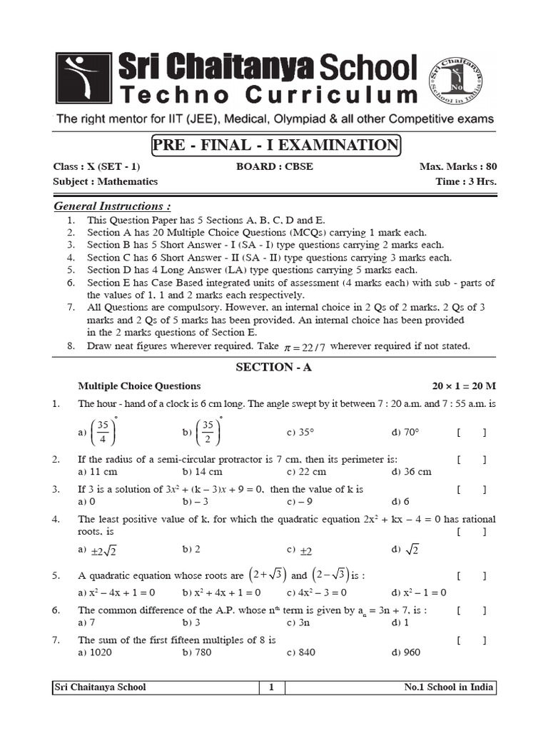 Cbse Maths Pre Final - i Exam (Set - 1) (Ka & Tn) | PDF | Area ...