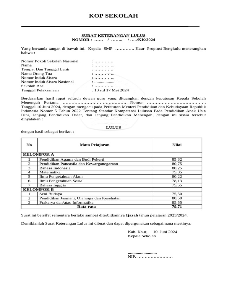 Contoh Surat Keterangan Lulus SMP 2024 | PDF