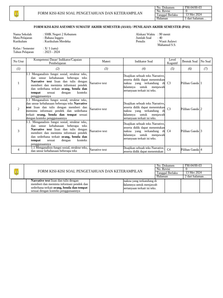 Kisi Kisi Asas Bahasa Inggris X | PDF