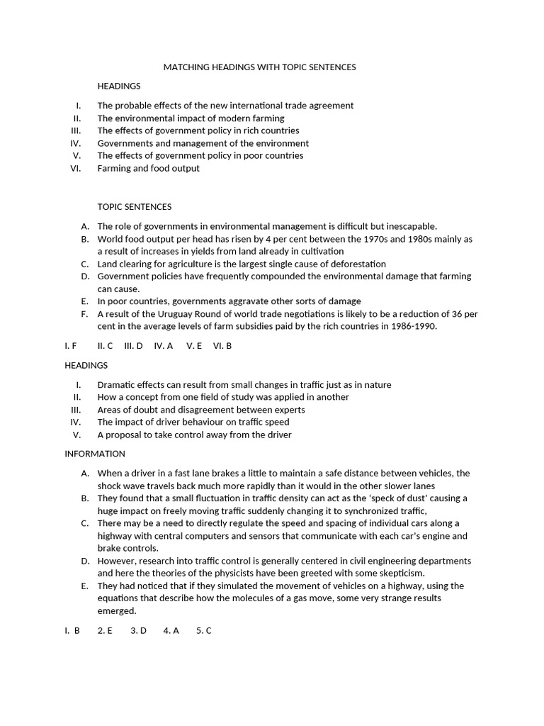 Matching Headings With Topic Sentences Answers | PDF | Sanitary Sewer ...