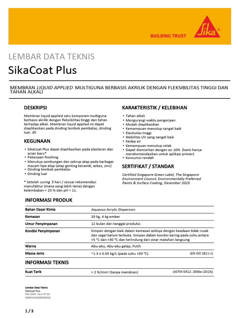 SikaCoat Plus: Membran Akrilik Tahan Alkali | PDF